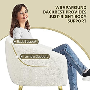 Yaheetech Sherpa Fabric Accent Chair, Modern Cozy Vanity Chair with Gold Metal Legs, Boucle Fabric Armchair with Removable Seat Cushion for Living Room Bedroom Office Guest Room, Ivory