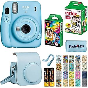 Fujifilm Instax Mini 11 Instant Camera + Fujifilm Instax Mini Twin Pack Instant Film (16437396) + Single Pack Rainbow Film + Case + Travel Stickers (Sky Blue)