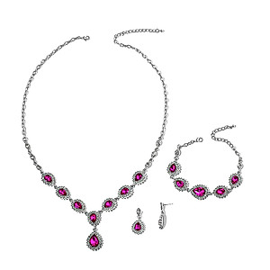 Shop LC Wedding Costume Jewelry Set for Women Bridesmaid Teardrop Necklace Bracelet Earrings Pink Crystal Bridal Gifts for Women Size 20" & 7.5'' Birthday Gifts