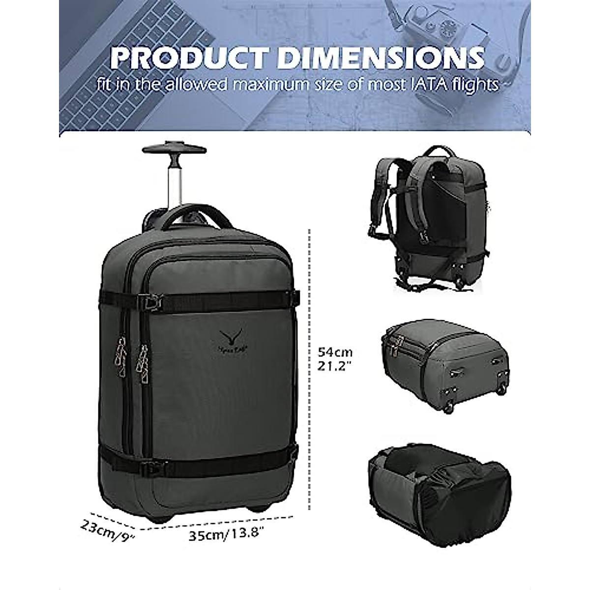 Hynes Eagle 42L Rolling Backpack Wheeled Backpack Flight Approved Travel Backpack Carry on Luggage Grey with 3PCS Packing Cubes Set Teal