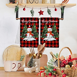Beisseid Christmas Kitchen Dish Towels Snowman with Xmas Tree Dish Cloth Fingertip Bath Towels Cloth Red Buffalo Plaid Check Hand Drying Soft Cotton Tea Towel Set 18x28in 2PCS