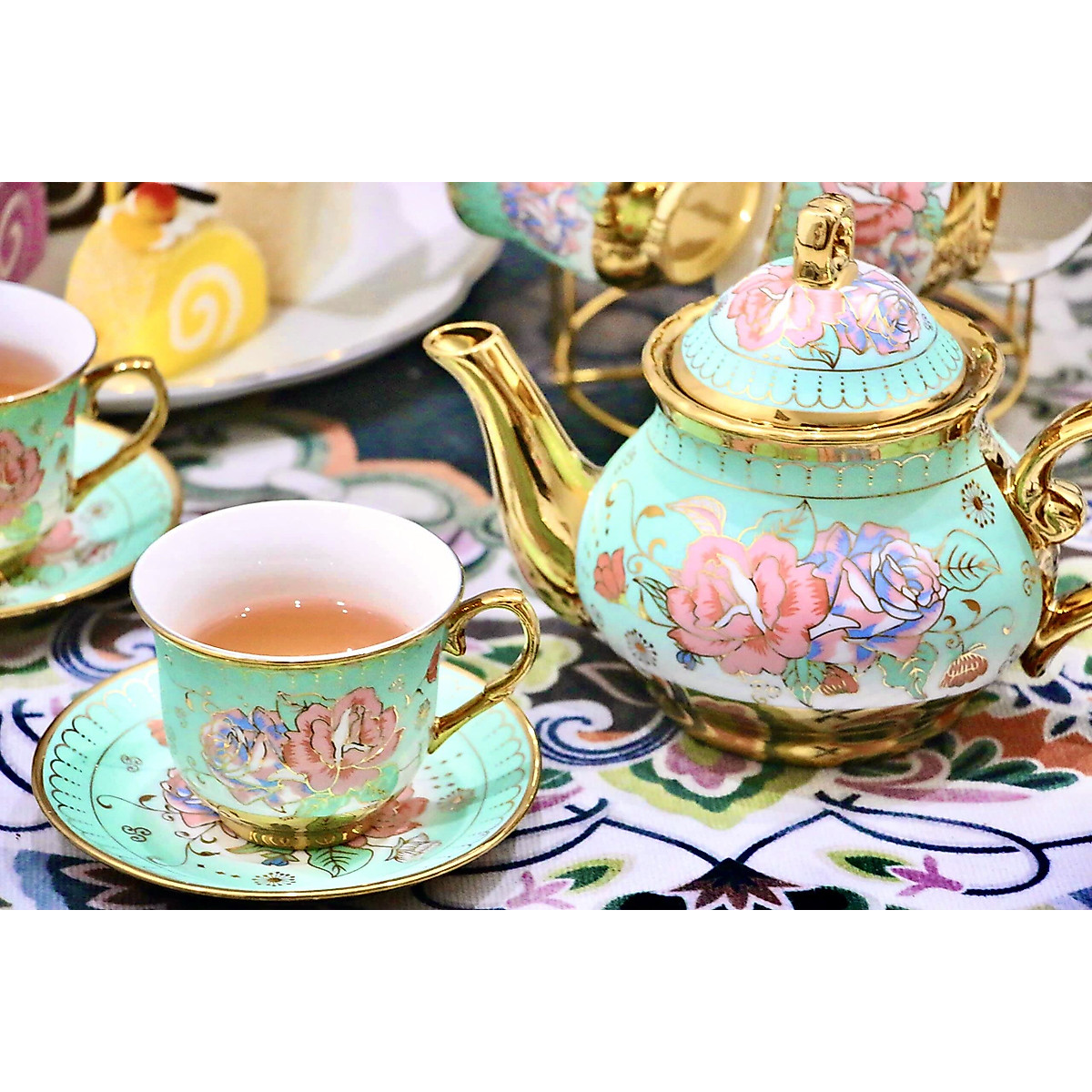 20 Pieces Porcelain Tea Set With Metal Holder, European Ceramic tea set for adults,Flower Tea Set,Tea Set For Women With Flower Painting (Large version, Green)