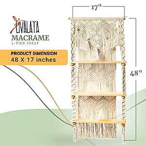 LIVALAYA 3-Tier Macrame Wall Hanging Shelf for Boho Hanging Wall Decor Shelves for Bedroom Bathroom, Nursery Bohemian Shelf for Cute Indoor Plants, Farmhouse Woven Rope Picture Holder Boho Bookshelf