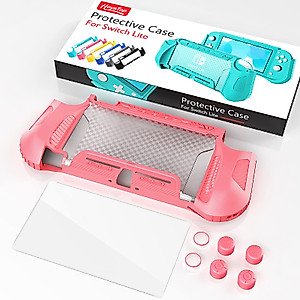HEYSTOP Case Compatible with Nintendo Switch Lite, with Tempered Glass Screen Protector and 6 Thumb Grip, TPU Protective Cover for Switch Lite with Anti-Scratch/Anti-Dust (Pink)