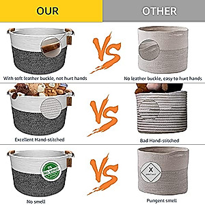 Domolli Blanket Basket, Cotton Rope Basket with Leather Handles XXXL Extra Large Laundry Basket 22" x 22" x 14" Baby Hamper Nursery Bins Woven Basket for Blankets Pillows Clothes Stuffed Toys Storage