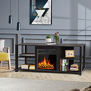 Tangkula Fireplace TV Stand for 65 inches TV, with 18 inches 1500W Recessed Electric Fireplace with 7 Flame Setting & Remote Control,Faux Fireplace TV Stand