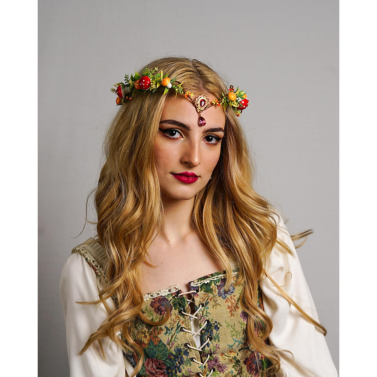 MOSTORY Handmade Woodland Mushroom Crown Flower Headpiece Elf Headband Fairy Tiara for Women Girls Renaissance Halloween Christmas Cosplay Accessory Orange