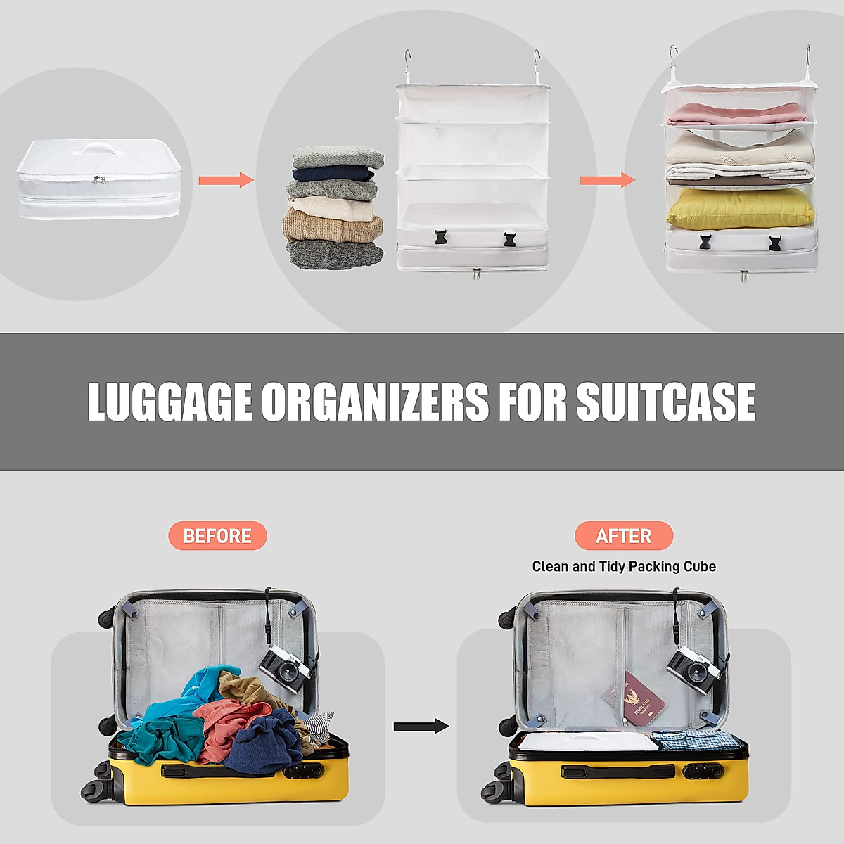 Twira Portable Hanging Travel Shelves, Suitcase Organizer, Packing Cubes for Travel, Carry-On Closet Insert, X-Large Capacity Travel Bags Collapsible 4-Shelf Travel Closet with 2 Hooks (White)