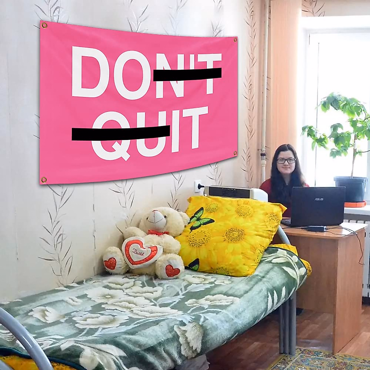 Don't Quit Flag Motivational Fitness Gym Pink Flag Banner for Lady Banner 3×5FT Pub Club College Dorm Room Wall Bedroom Living Room Decoration with 4 Brass Grommets