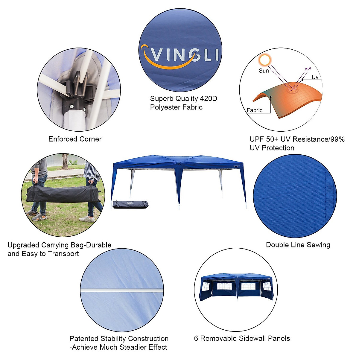 VINGLI 10x20 ft Pop Up Canopy Tent with 6 Sidewalls, Canopy 10x20 with Carry Bag, Outdoor Gazebo Canopy Tent Camping Tent, Patio Event Tent Outdoor Canopy Commercial Canopy (Blue)