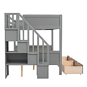 BOVZA Twin Over Full Bunk Bed with Storage Shelves, 2 Drawers and Staircase, Wood Bunk Bed Frame for Kids Teens Adults, Gray