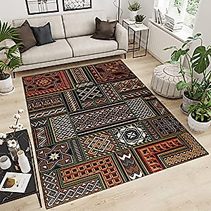 African Style Area Rugs, Traditional Ethnic Geometric Upholstery Living Room Carpet Non-Slip Crystal Flannel for Hotel Office Home Decor Doormat Entrance Hall Yoga Mat 5ftx7ft