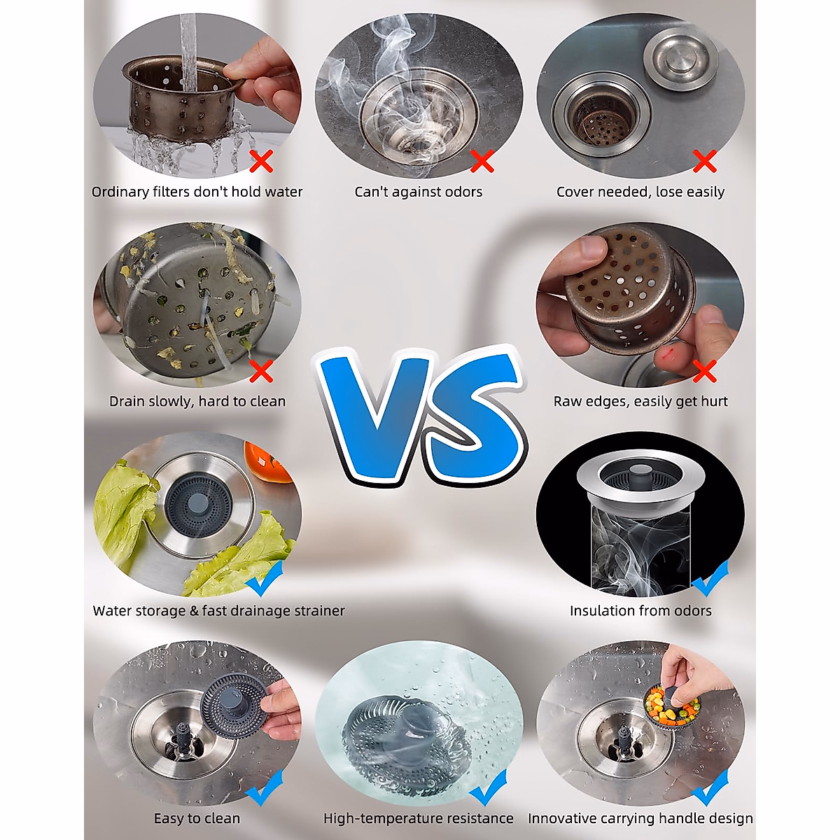 Hibbent Upgraded 3 in 1 Kitchen Sink Drain Strainer and Stopper Combo, Stainless Steel Metal Pop Up Sink Stopper, Anti-Clogging Basket Strainer with Handle for US Standard 3-1/2 Inch Drain