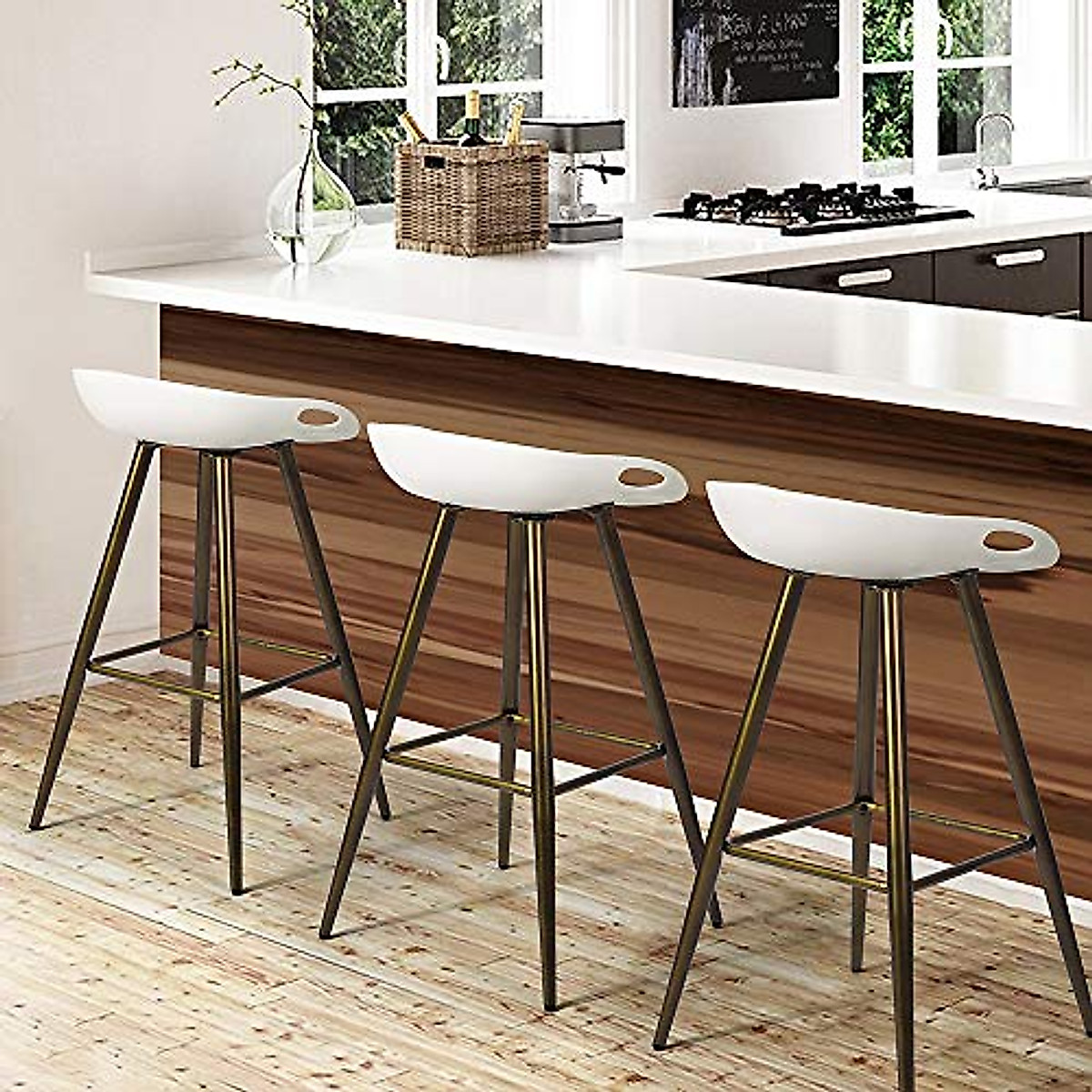 Set of 2 Bar Stools, 32.3" Simple Modern Style High Counter Stool with Low Backrest & Footrest & Metal Legs & PP Seat, Portable Barstools for Kitchen Island Patio Balcony, White & Bronze