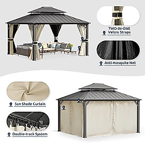 UDPATIO 12' x 14' Hardtop Gazebo, Outdoor Aluminum Gazebo with Galvanized Steel Double Roof, Permanent Metal Canopy with Netting and Curtains for Patio, Garden, Lawn, Backyard, Deck, Beige