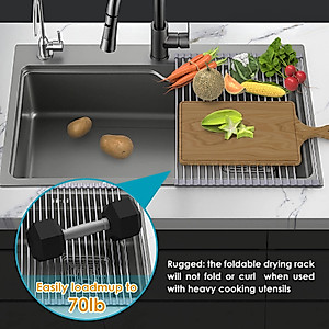 NiHome Roll Up Dish Drying Rack with Sink Caddy Expandable, Over The Sink Dish Drying Rack Portable Stainless Steel Rolling Rack Multipurpose Sponge Holder for Kitchen Sink