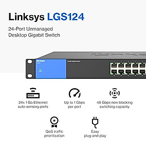 Linksys LGS124 24 Port Gigabit Unmanaged Network Switch - Home & Office Ethernet Switch Hub with Metal Housing - Wall Mount or Desktop Ethernet Splitter, Plug & Play