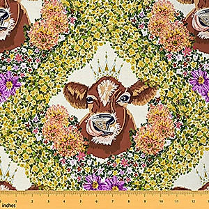 Cartoon Cow Fabric by The Yard Watercolor Blooming Flowers Farm Animal Decor Fabric for Kids Teens Adults Rustic Farmhouse Style Fabric for DIY Upholstery and Home Accents 1 Yard