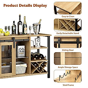 Senfot Wine Bar Cabinet, Farmhouse Wood Coffee Bar Cabinet with Wine Rack for Liquor and Glasses, Industrial Sideboard Buffet Cabinet for Kitchen (55 Inch, NAT-Brown)