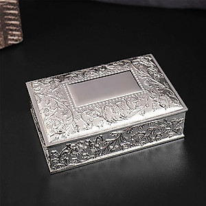 Hsiwto Small Rectangle Vintage Metal Jewelry Box Trinket Gift Chest Ring Case for Girls Ladies Women, Silver