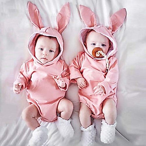 Newborn Baby Boys Girls Bunny Hooded One Piece Romper Easter Rabbit Ears Long Sleeves Jumpsuit with Pocket (Pink, 6-12m)