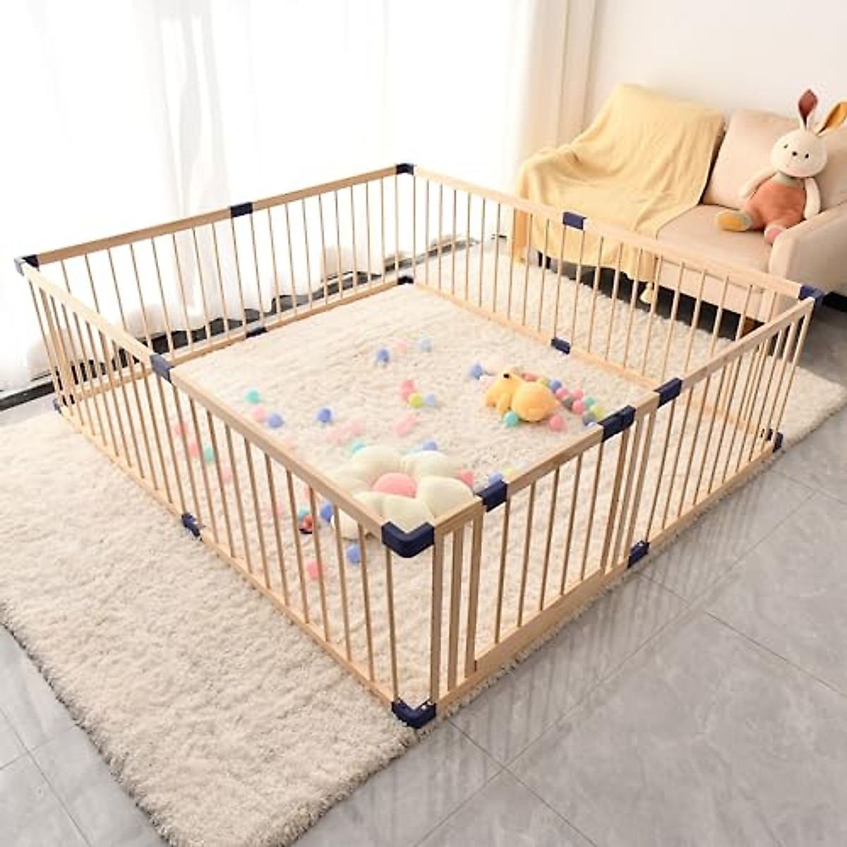 Largest Baby Gate Playpen, Kids Play Fence with Door, Play Area Indoor Kids,Safety Activity Center Playard w/Locking Gate Outdoor,Without Mat（Natural Wood,71”×79”）