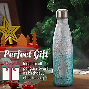 Onebttl Penguin Gifts for Girls Women Boys Penguin Lovers - Chilling Like A Penguin - 17oz Stainless Steel Water Bottle - for Daughters Sons Friends - B-day X-mas - Silver Blue Gradient Glitter
