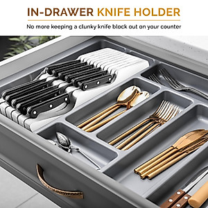 In-Drawer Knife Block Organizer - Bamboo Wood Drawer Knife Organizer - Holds 5 Long + 6 Short Knives (Not Included) - Store Knives with Blades Pointing Down