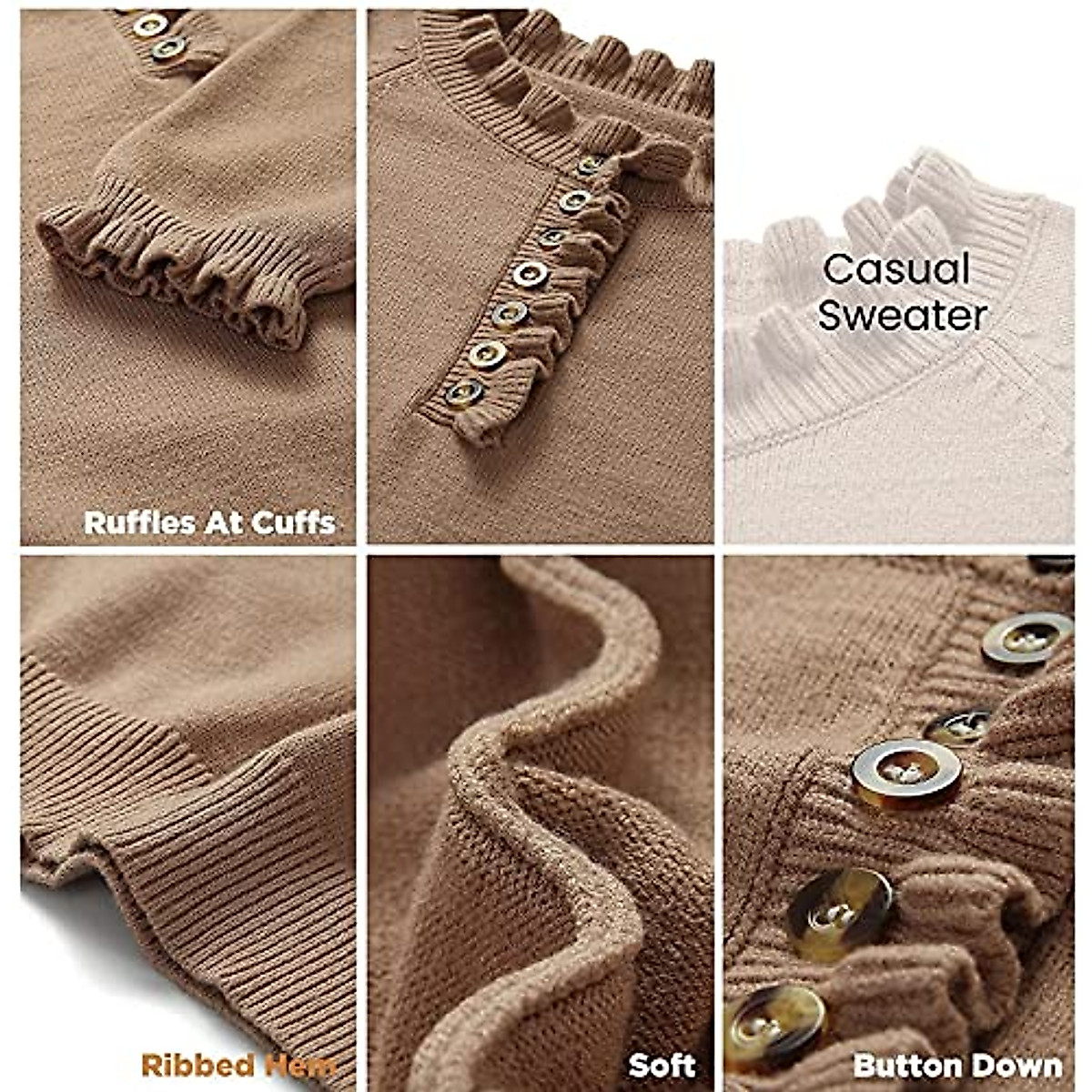 BTFBM Women's Sweaters Casual Long Sleeve Button Down Crew Neck Ruffle Knit Pullover Sweater Tops Solid Color Striped(Solid Khaki, Small)