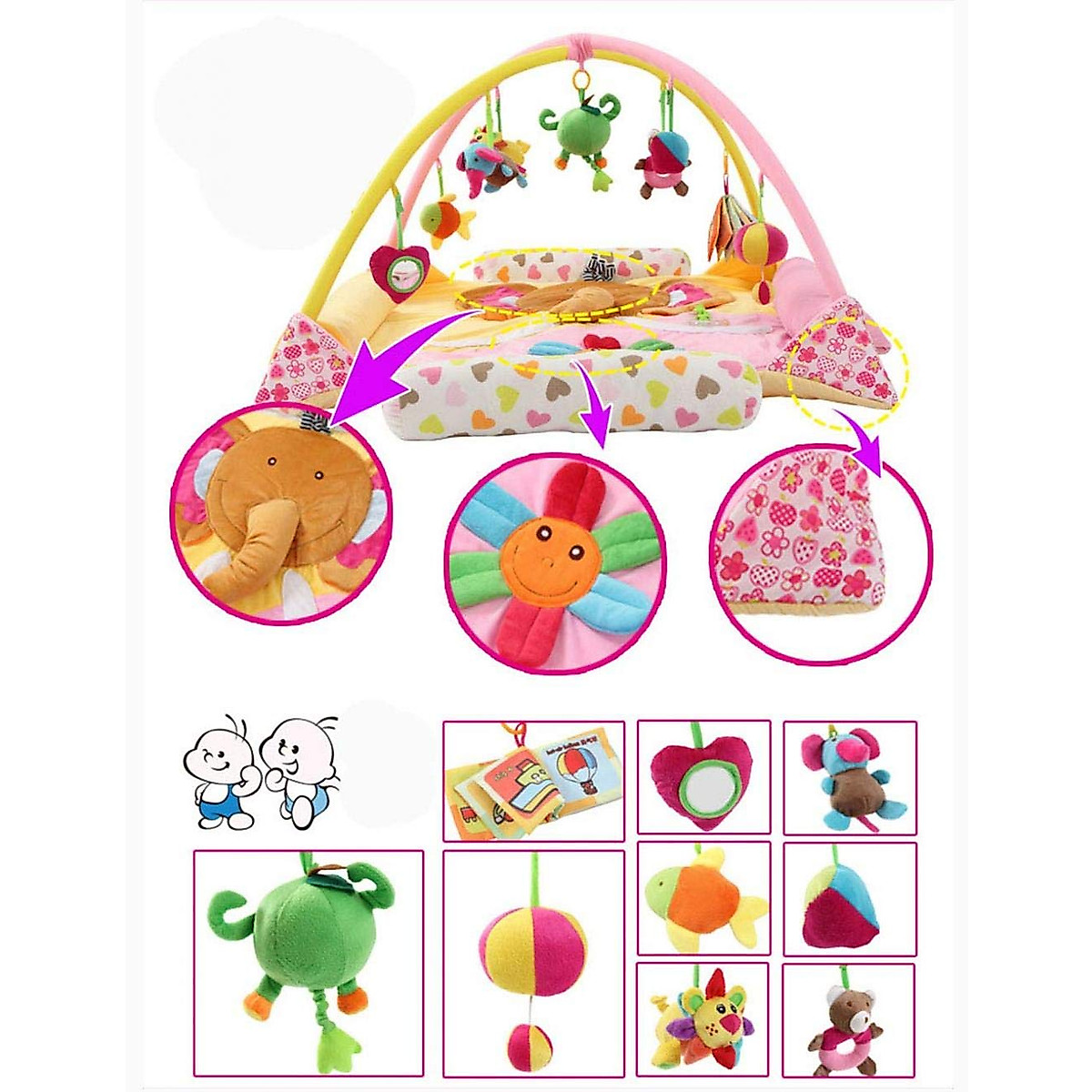 KUANDARM Elephants Pattern Baby Gym Activity Play Mat Fitness Frame with Pendant Toys Infants Activity Centre Newborn Gift, Pink