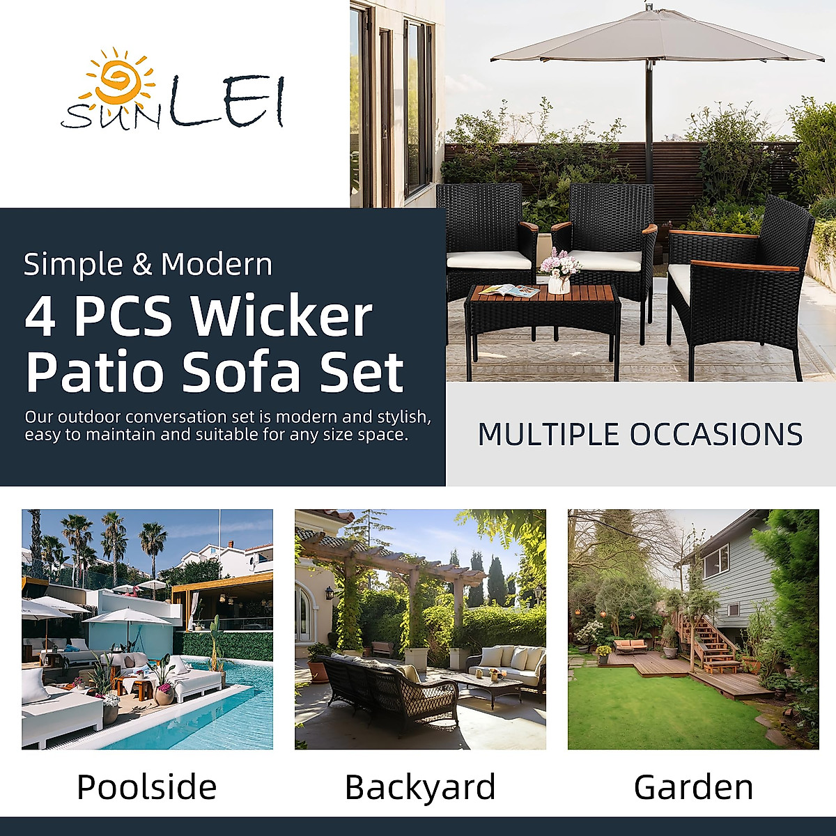 SUNLEI Multi Pieces Outdoor Patio Furniture Sets Conversation Sets Rattan Chair Wicker Set,Glass Table,Outdoor Indoor Use Backyard Porch Garden Poolside (Black, 4 PCS-White/Wood Tabletop)…