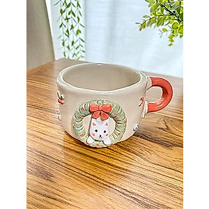 Christmas and the santa cat cup. Handmade ceramic cup, Hand-painted mug, Unique Surprise gift for Christmas or Birthday. Dishwasher and Microwave safe
