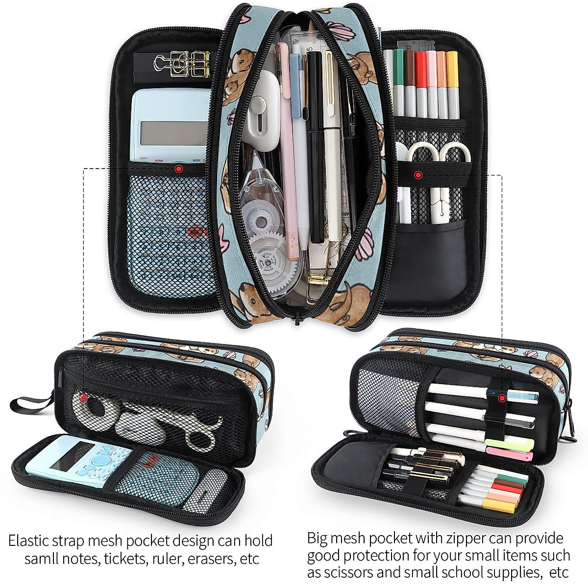 Fustylead Otters Nylon Pencil Bag Large Storage Pouch Pen Case Makeup Bag Simple Stationery Bag School College Office Organizer for Teens Boys Girls Student