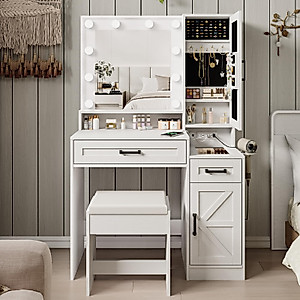 Fameill Vanity Desk with Mirror and Lights,Make up Vanity with Chair and Outlet,Dressing Table with Jewelry Cabinet, Bedroom Vanity with 2 Drawers, 3 Lighting Colors,36.4 inch,White