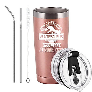 Auntiesaurus Tumbler Don't Mess with Auntiesaurus You'll Get Jurasskicked Travel Tumbler Birthday Mothers Day Gifts for Auntie Aunt from Nephew Niece Auntie Gifts with 2 Lids and Straws 20OZ Rose Gold