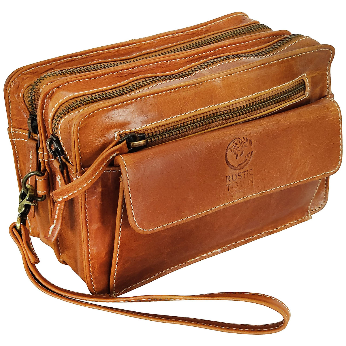 Rustic Town Leather Wristlet Wallet Handbag for Men, Cognac
