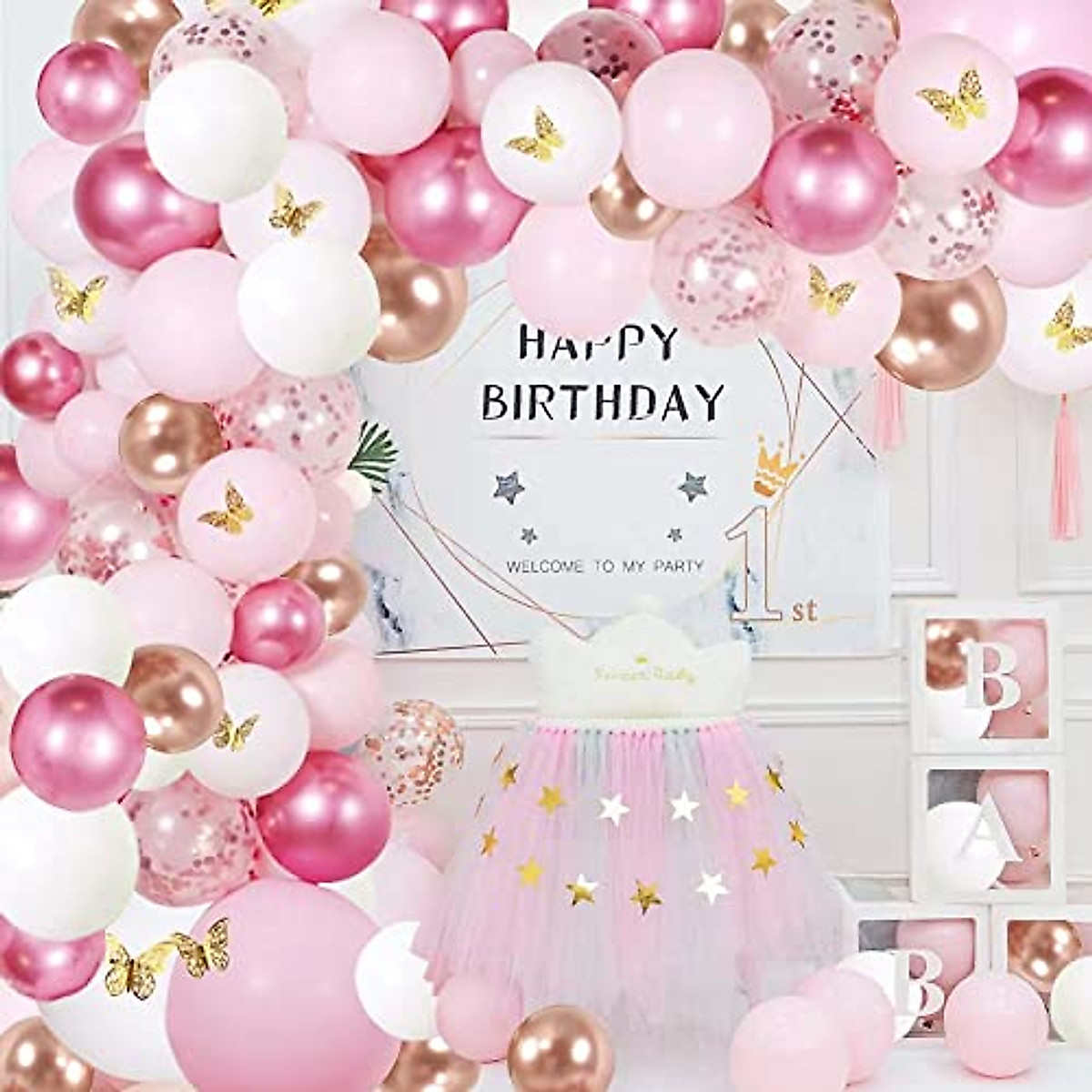 DUILE 144PCS Pink Balloons Garland Arch Kit Metallic Rose Gold Pink Rose Red Balloons Different Size for Birthday Party Bridal Baby Shower Wedding Party Decorations