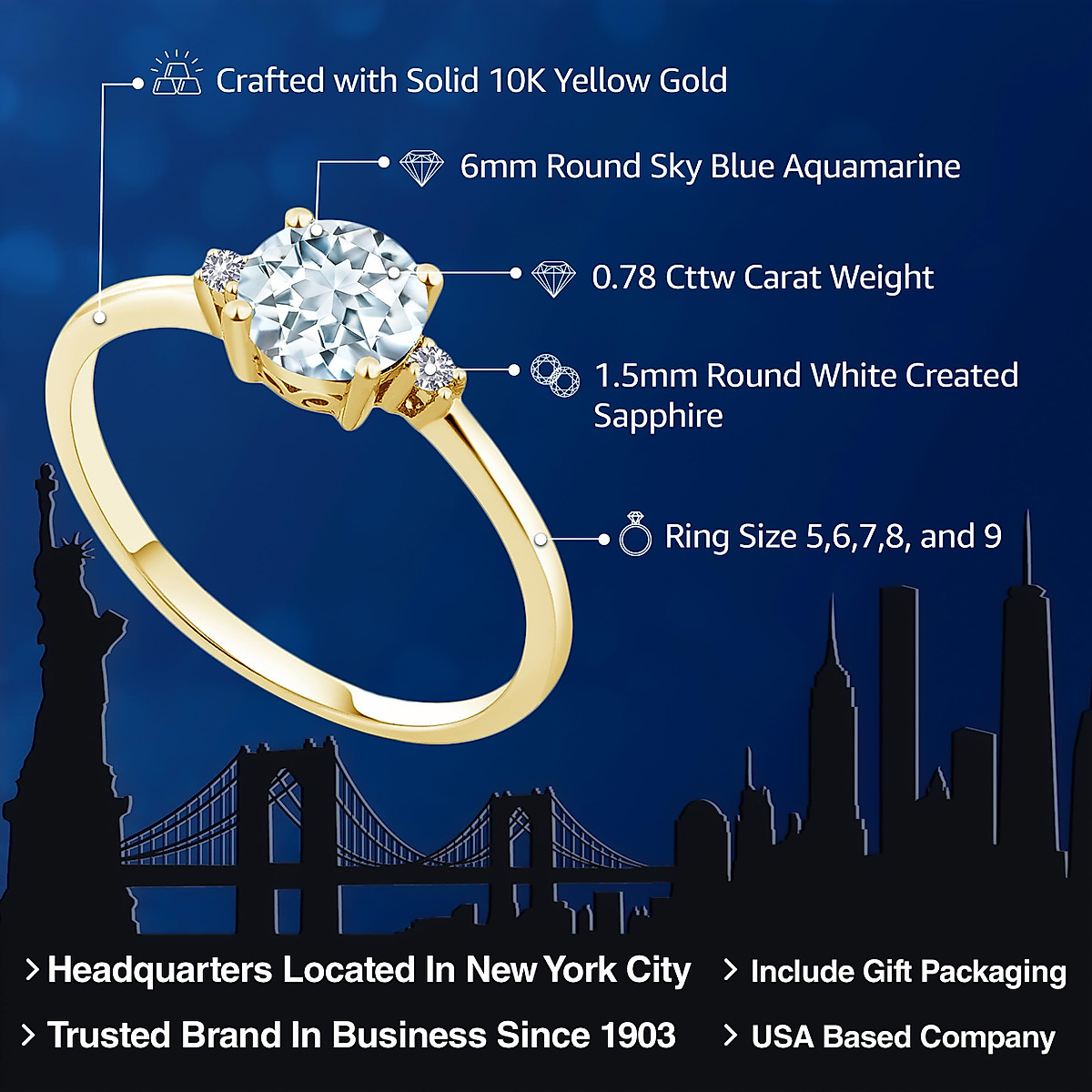 Gem Stone King 10K Yellow Gold Sky Blue Aquamarine and White Created Sapphire Solitaire Engagement Ring For Women (0.78 Cttw, Round 6MM, Gemstone March Birthstone, Size 5)