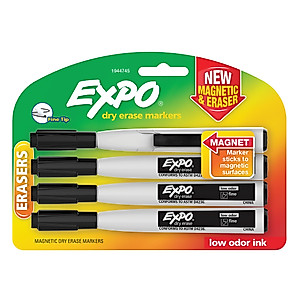 Expo Magnetic Dry Erase Markers with Eraser, Fine Tip, Black, 4 Count