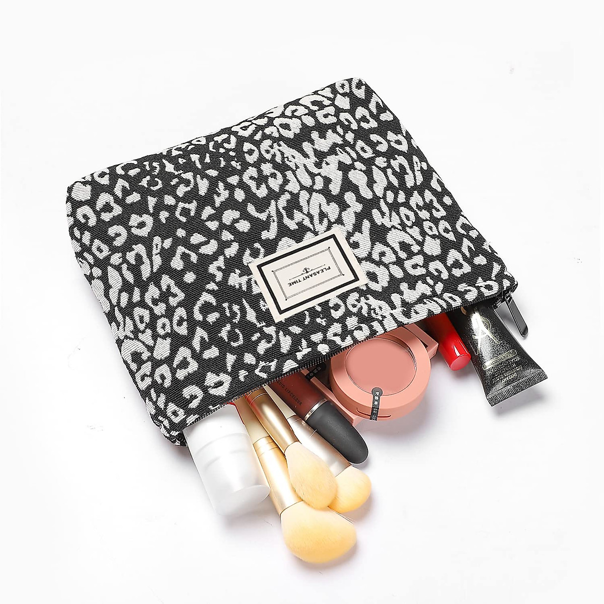 Etercycle Leopard Print Makeup Bag for Women, Large Capacity Canvas Makeup Bags Cosmetic Bag Travel Toiletry Organizer Bag (Black)