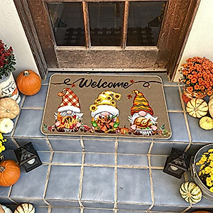 TREWAVE Fall Welcome Decorative Doormat Gnome Non-Slip and Washable Door Mat Pumpkin Sunflower Turkey Maple Leaf Fall Harvest Thanksgiving Floor Mat Indoor Outdoor 17 x 29 Inch