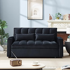 3-in-1 Large Futon Loveseat with Pull Out Sleeper Couch Bed and USB Port,Velvet Tufted Upholstered Love Seat Reclining Backrest Convertible Full Size Sofabed W/2 Cupholders & Pillows for Living Room