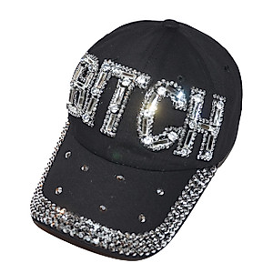 Popfizzy Bitch Hats for Women, Funny Trucker Hat, Bling Rhinestone Hat, Funny Birthday Bitch Gift for Bad Bitches Distressed Baseball Cap