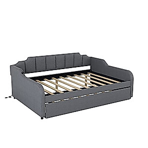 Full Daybed with Pop-up Trundle Upholstery Day Bed Frame with USB Charging Ports Modern Sofa Beds with Adjustable Trundle Beds for Living Room Bedroom Guest Room, Full Size, Gray