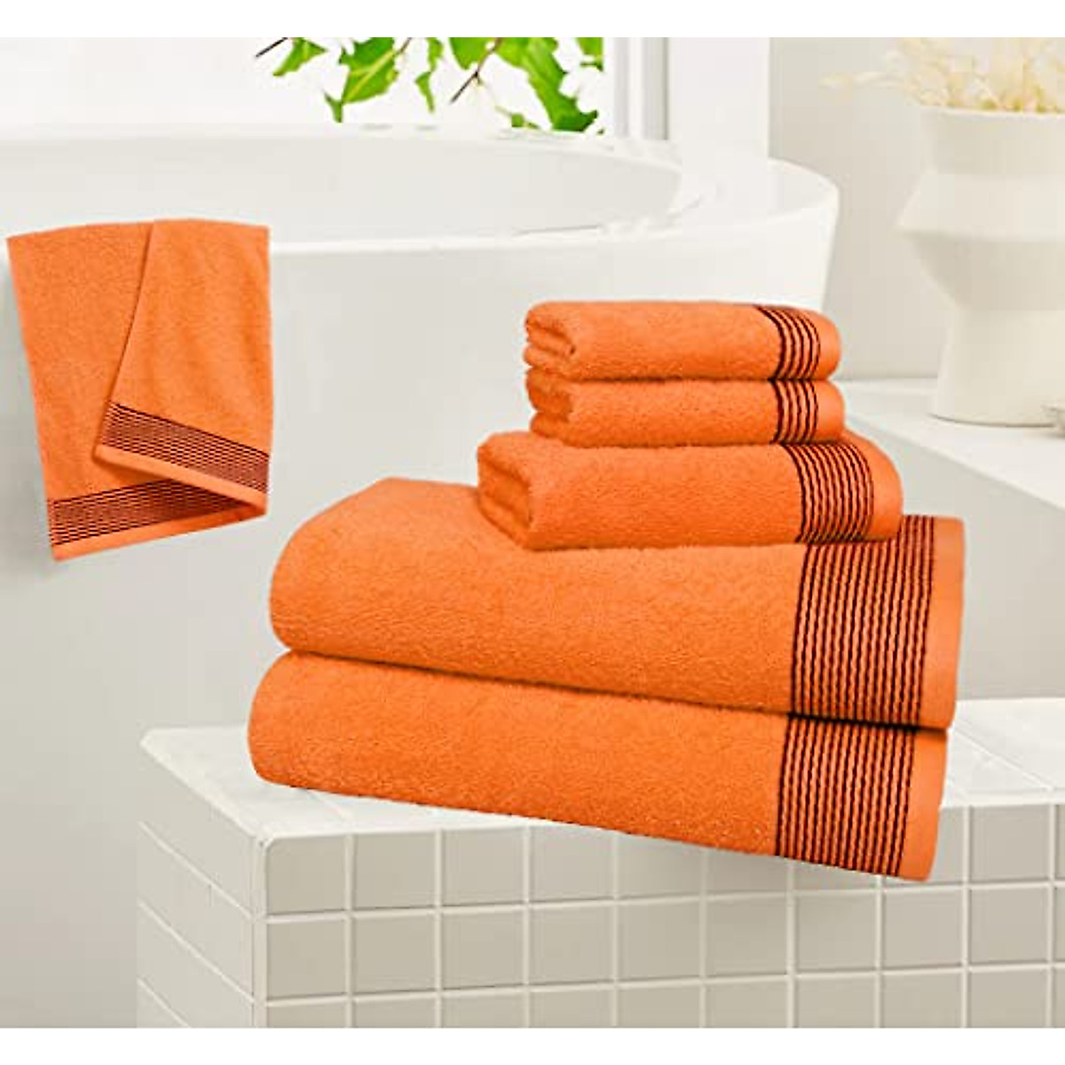 BELIZZI HOME 100% Cotton Ultra Soft 6 Pack Towel Set, Contains 2 Bath Towels 28x55 inchs, 2 Hand Towels 16x24 inchs & 2 Washcloths 12x12 inchs, Compact Lightweight & Highly Absorbant - Orange