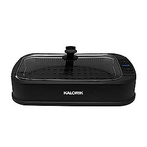Kalorik, GR 45386 BK, Indoor Smokeless Grill with Tempered Glass Lid, Removable Grill Plate, Drip Tray, Digital Temperature Control LED Display, Precise Cooking up to 460 Degrees.