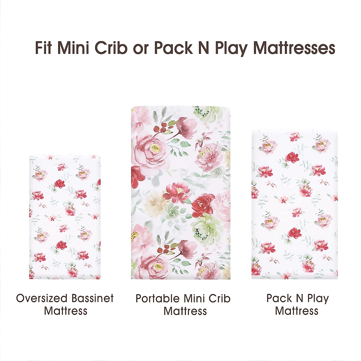 PHF Soft Mini Crib Sheet Set, 2 Pack Silky Comfy Pack N Play Sheets for Girls, Universal Fit for Pack N Play, Playard and Mini Crib Mattresses, Watercolor Floral