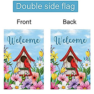 Welcome Spring Garden Flag 12x18 Double Sided Vertical, Burlap Small Birdhouse Floral Garden Yard House Flags Outside Outdoor House Spring Summer Decoration (ONLY FLAG)