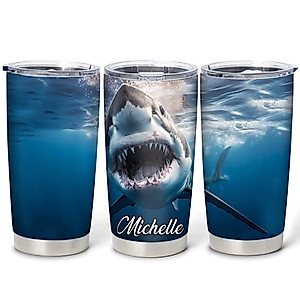 Hyturtle Personalized Gifts Shark Lover - Shark Printed Customized Name Stainless Steel Tumbler 20 oz With Lid - Idea Cute Sea Animal Lover Gifts For Women, Girl, Kids On Birthday, Christmas