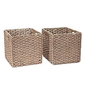 Villacera 12-Inch Square Hand Weaved Wicker Storage Bin, Foldable Baskets made of Water Hyacinth | Set of 2